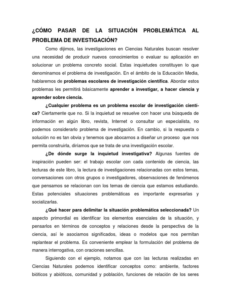 CÓMO PASAR DE LA SITUACIÓN PROBLEMÁTICA AL PROBLEMA DE INVESTIGACIÓN ...