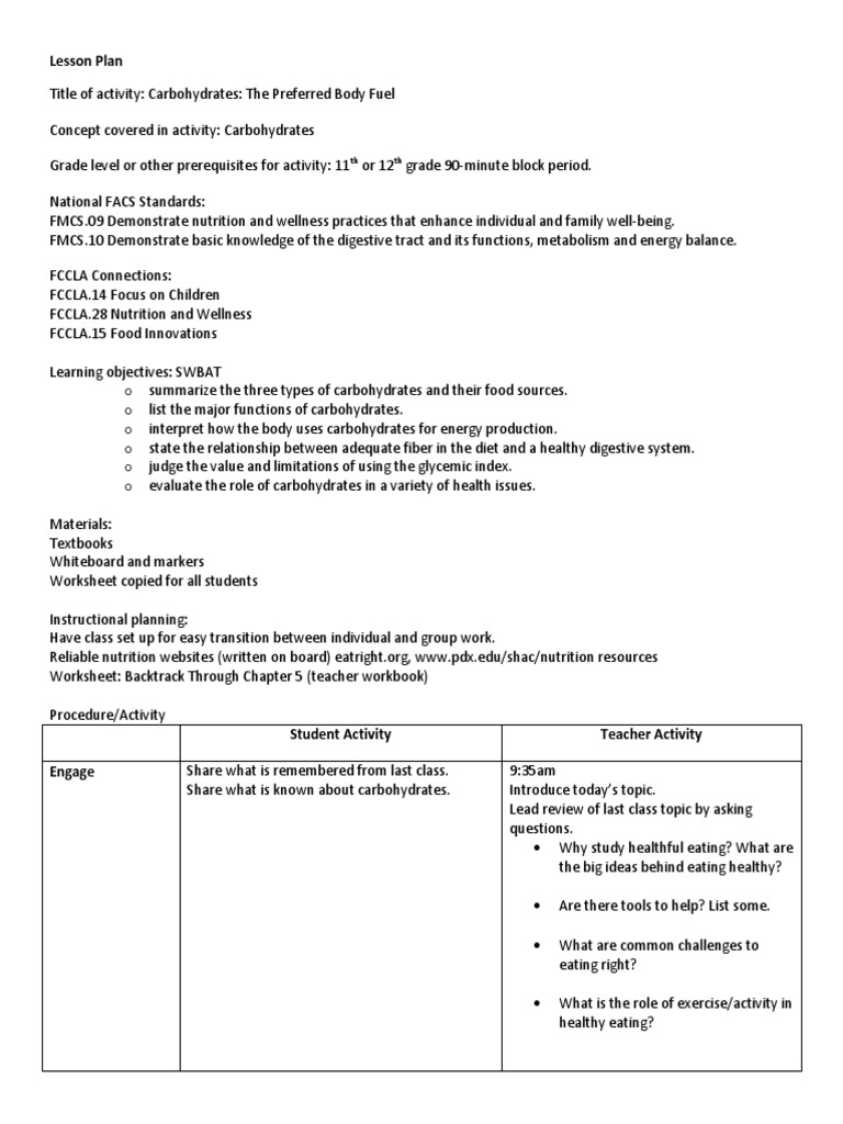Grayce Lesson Plan 1 Carbohydrates | PDF | Carbohydrates | Nutrition