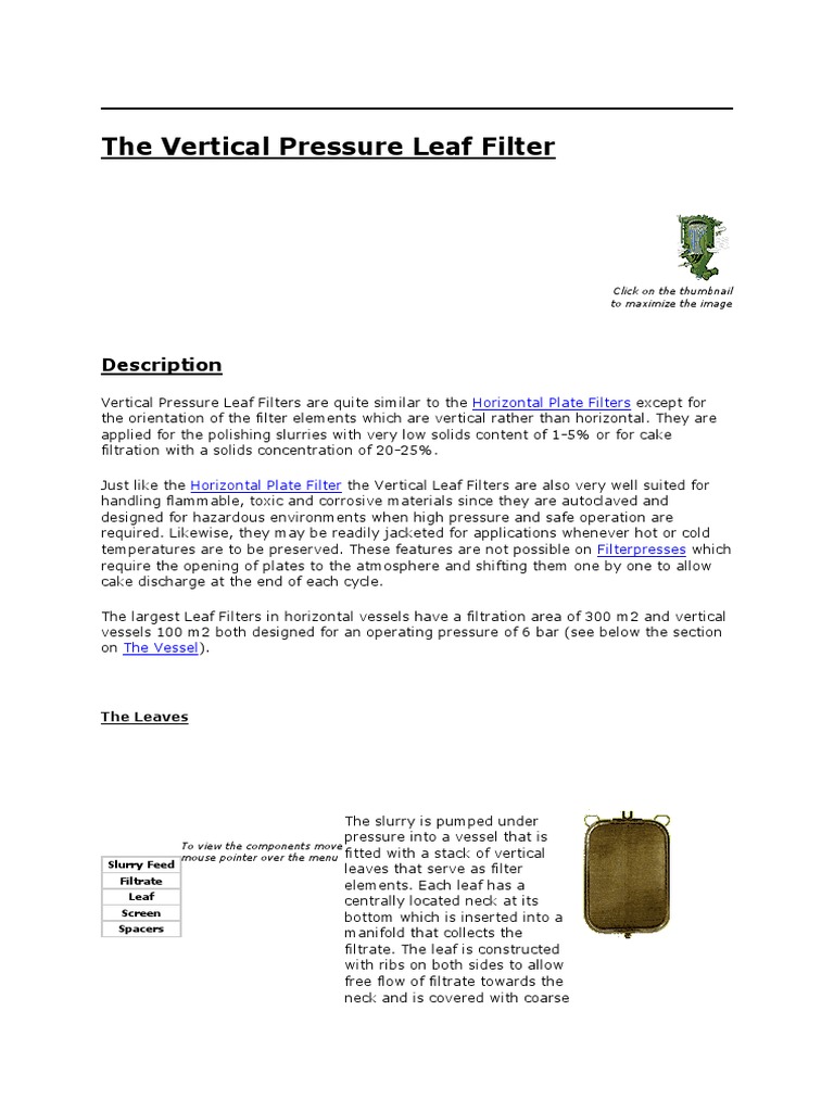 Vertical Pressure Leaf Filter Overview | PDF | Filtration | Chemical ...