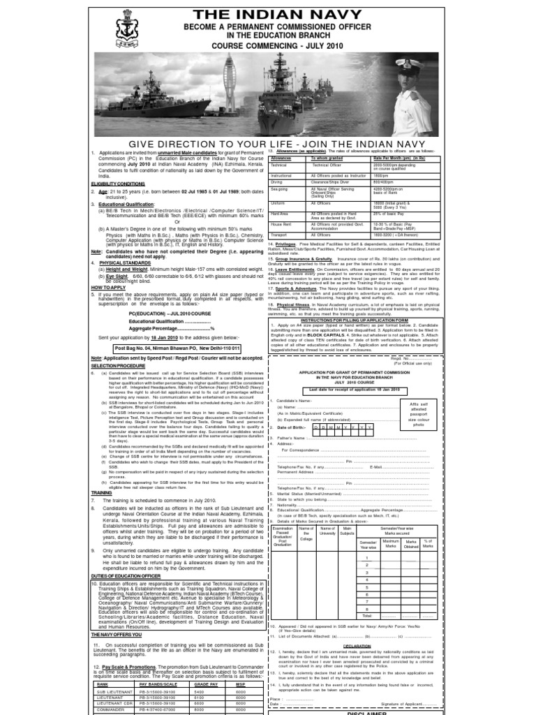 Indian Navy Application Form | PDF | Officer (Armed Forces) | Commander
