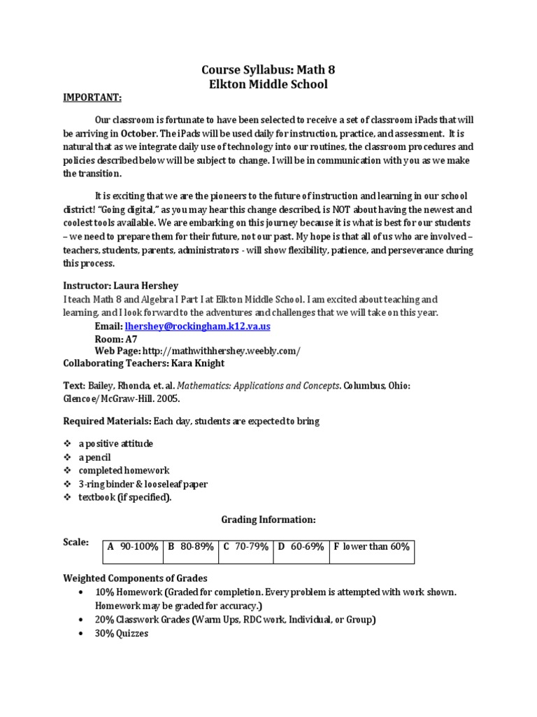 Math 8 Course Syllabus 2023-2024 | PDF | Educational Assessment | Homework