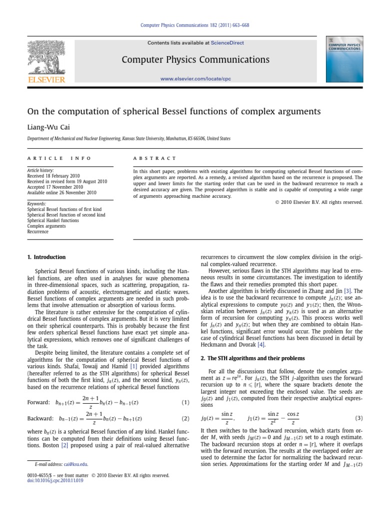 Cai - On The Computation of Spherical Bessel Functions of Complex Arguments | PDF | Analysis ...