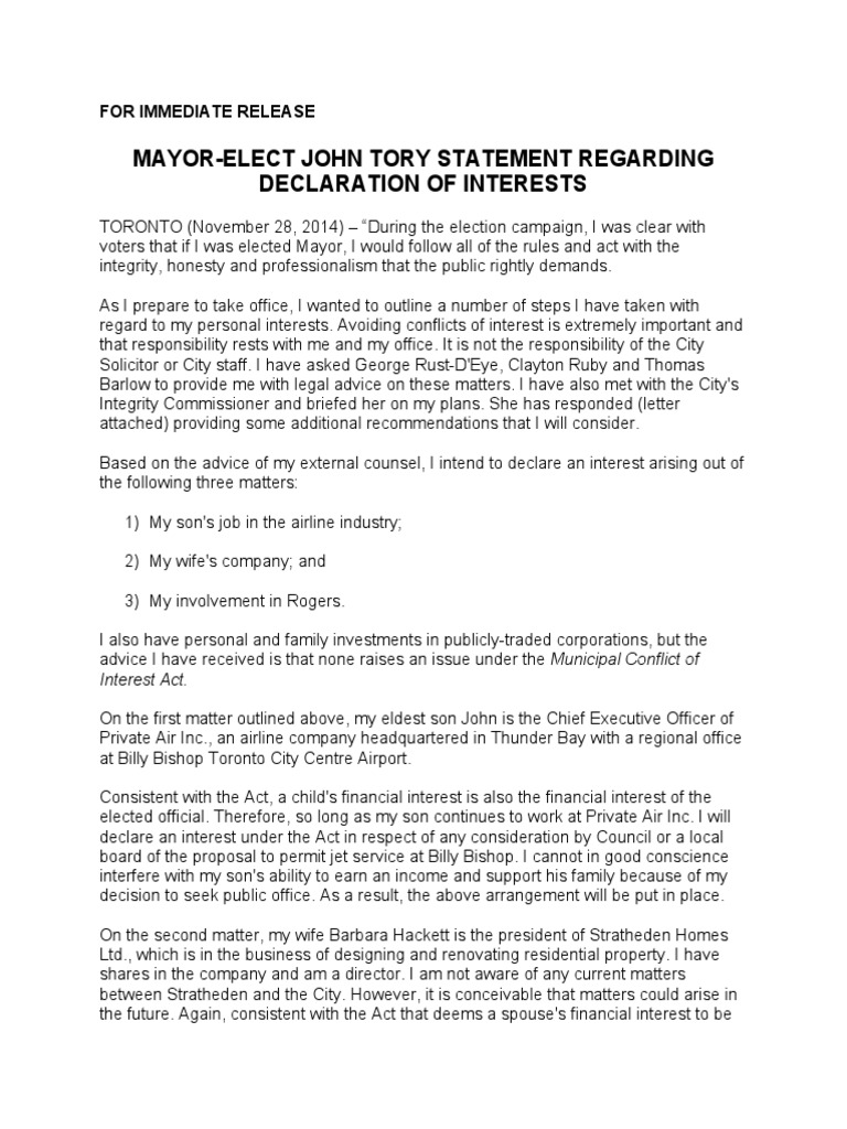 Tory's "Statements Regarding Declaration of Interests" | PDF | Board Of ...