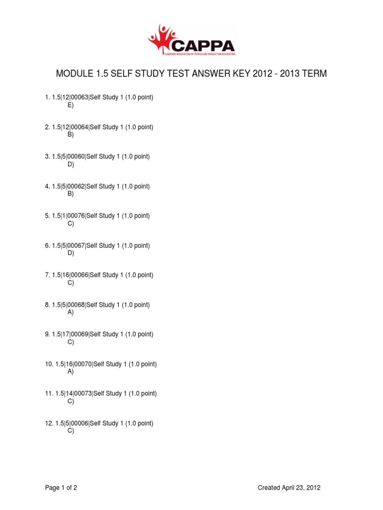 Module 1.5 Self Study Test Answer Key 2012 - 2013 Term | PDF