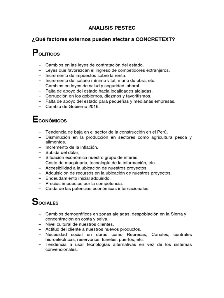 Análisis de Matriz PESTEC para CONCRETEXT | PDF | Negocios