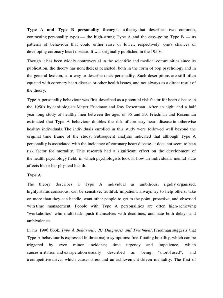 Type A and B Personality Overview | PDF | Psychology | Psychological ...