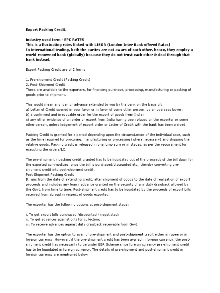 Export Packing Credit | PDF | Credit (Finance) | Letter Of Credit