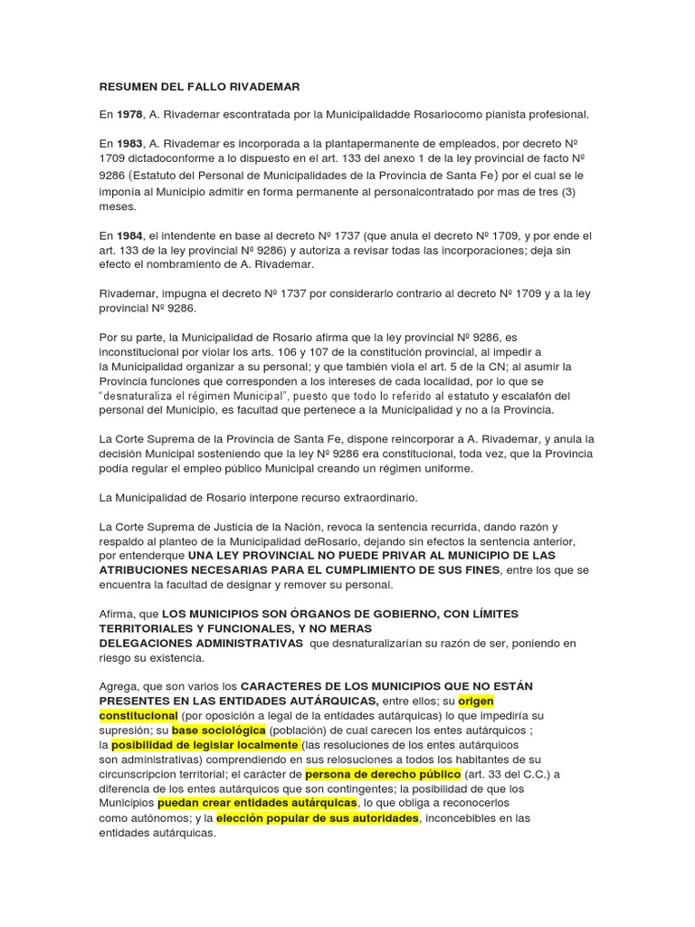 Resumen Del Fallo Rivademar | PDF | Constitución | Gobierno local