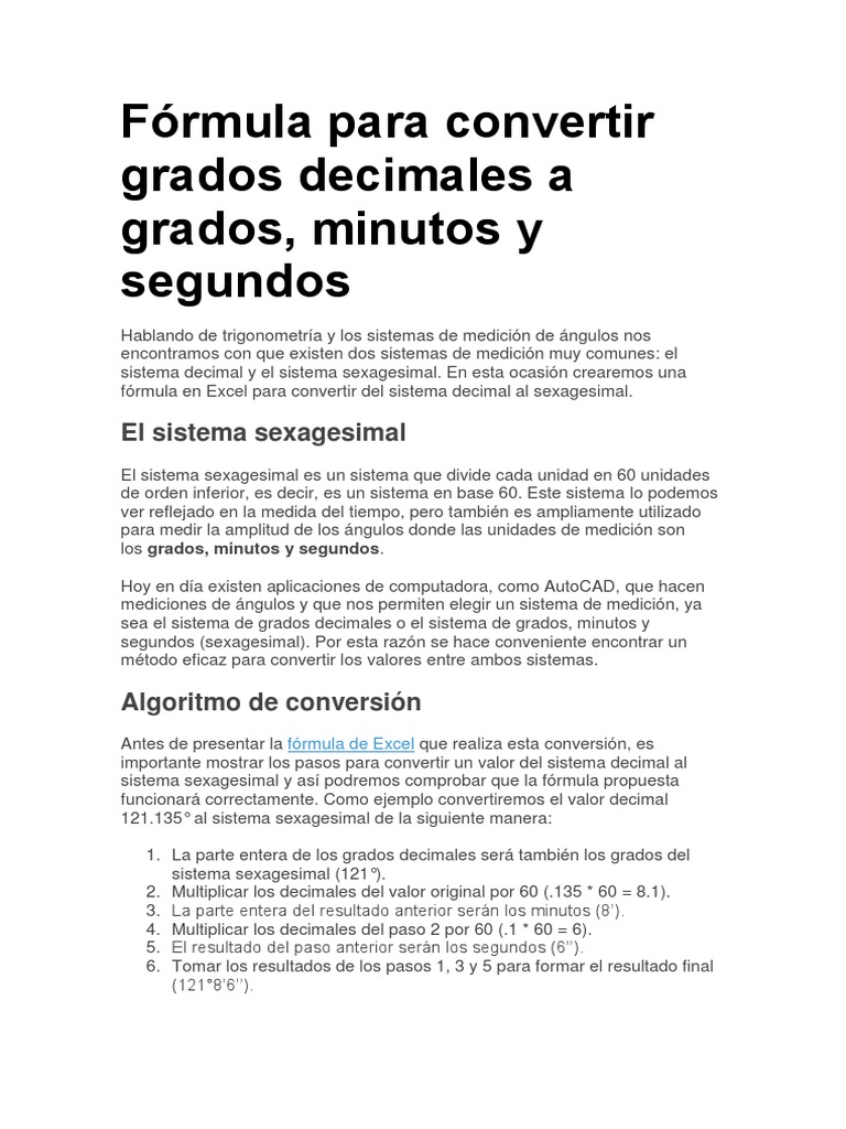 Conversión de Grados Decimales a Sexagesimales en Excel | PDF ...