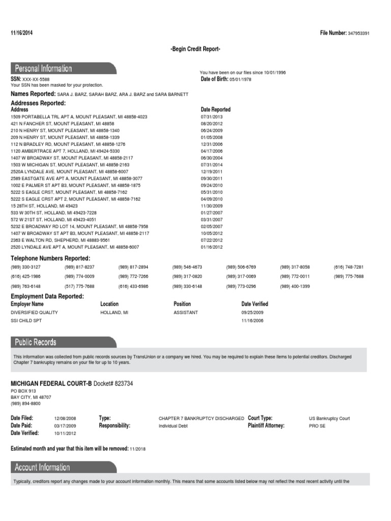sara barz_TransUnion Personal Credit Report_20141116.pdf | Credit ...