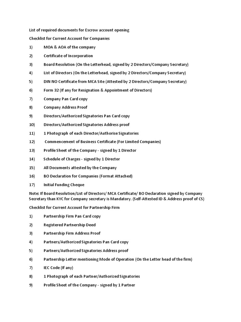 List of Required Documents For Escrow Account Opening | PDF ...