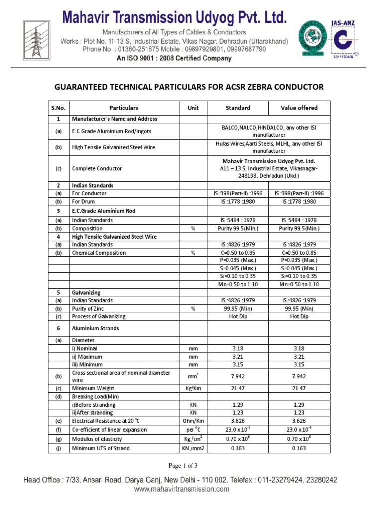 GTP Acsr Zebra Conductor | PDF | Manufactured Goods | Materials