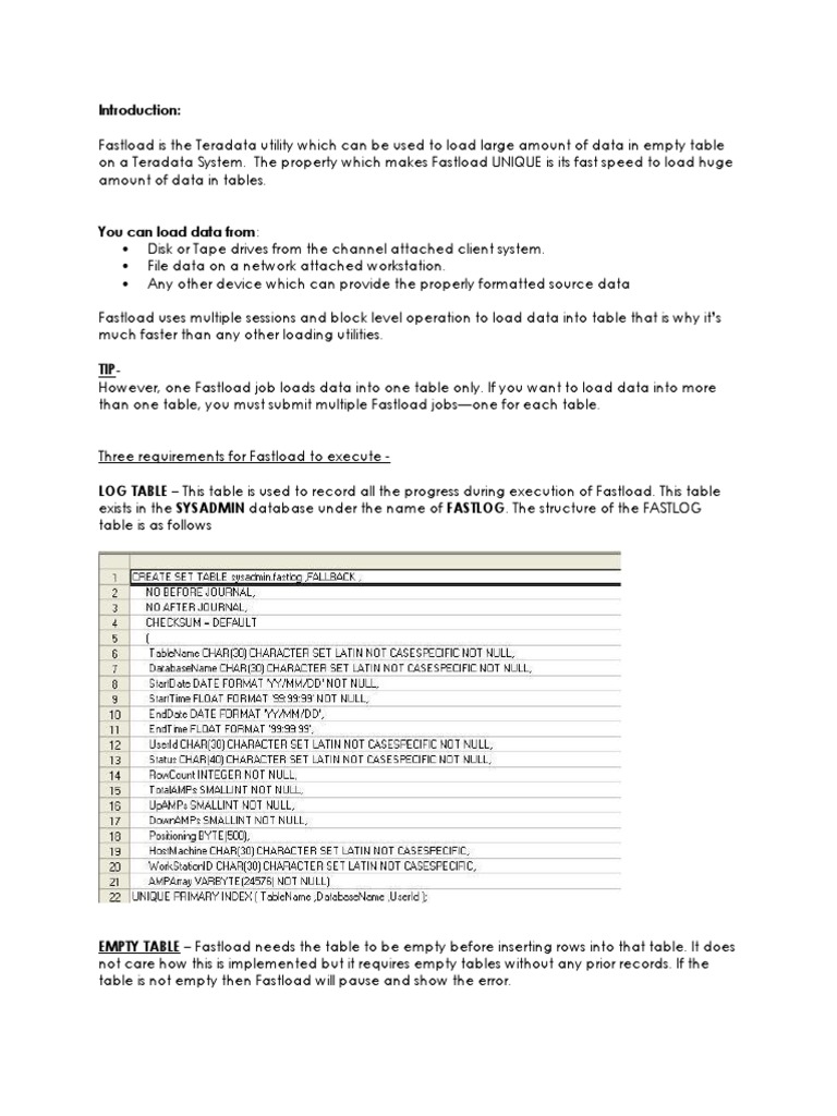 Fastload Utility Guide for Teradata | PDF | Database Index | Table (Database)