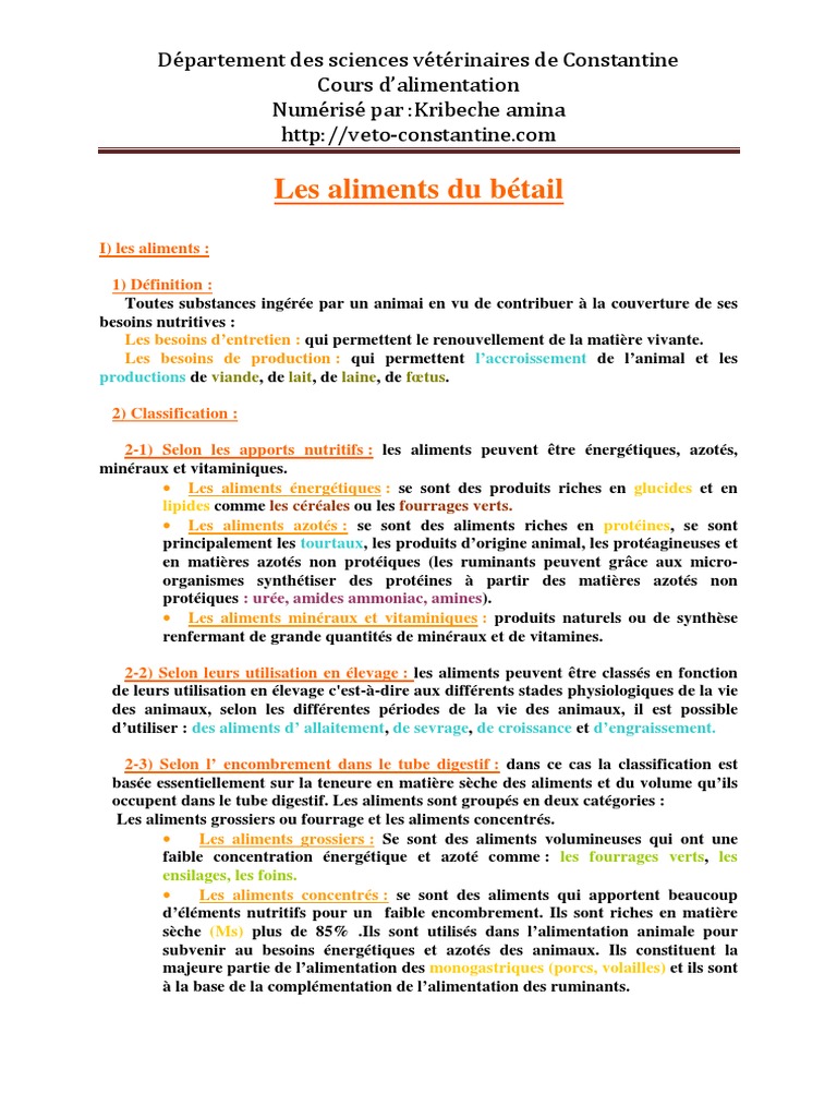 Alimentation du bétail : Types et Besoins | PDF | Alimentation animale ...