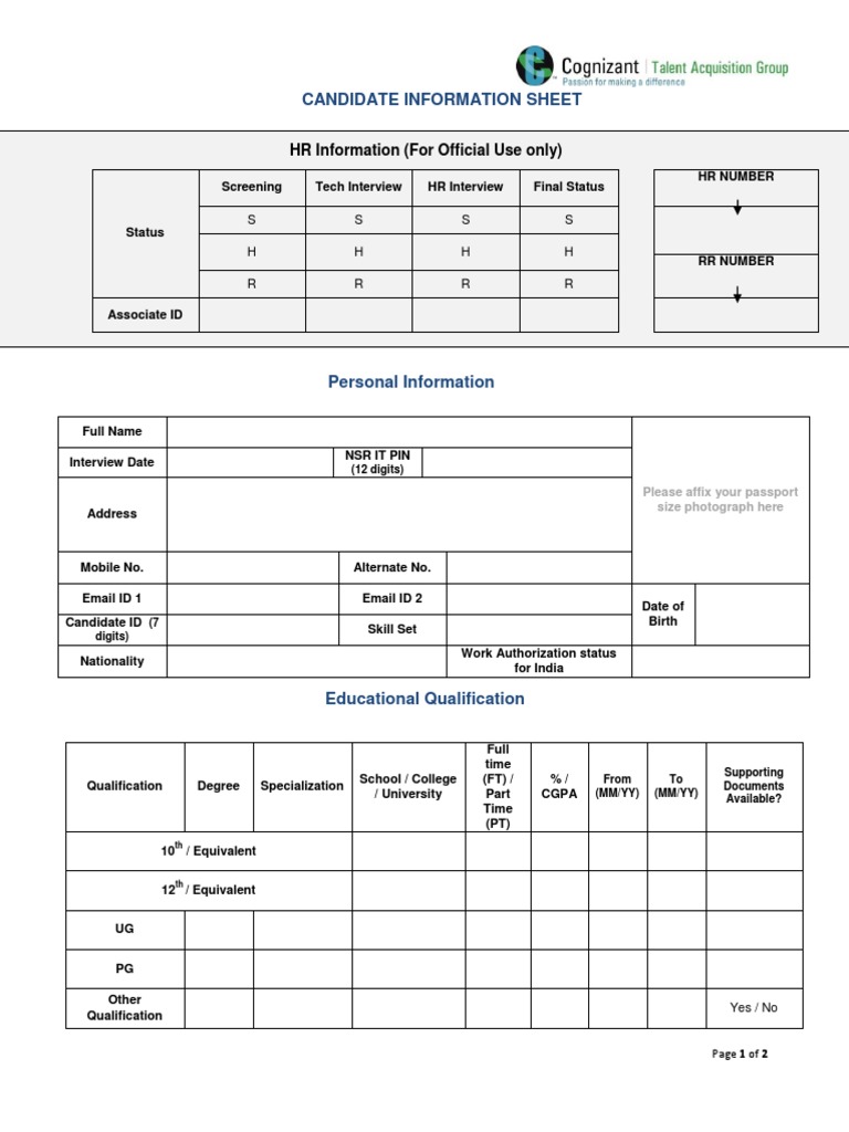 Candidate Information Sheet: HR Information (For Official Use Only ...