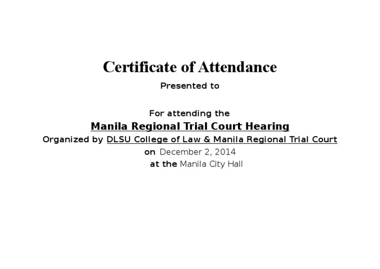 Certificate of Attendance: Manila Regional Trial Court Hearing | PDF