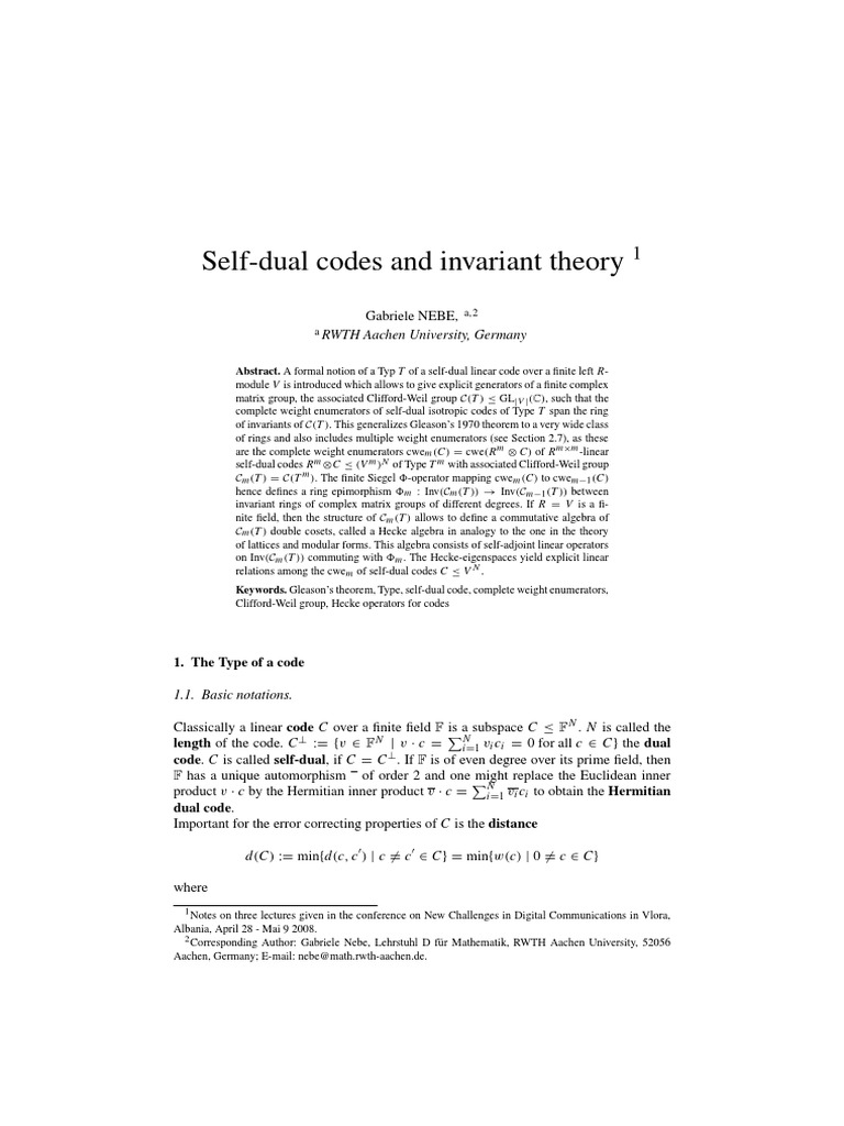 Self-Dual Codes and Invariant Theory: RWTH Aachen University, Germany ...