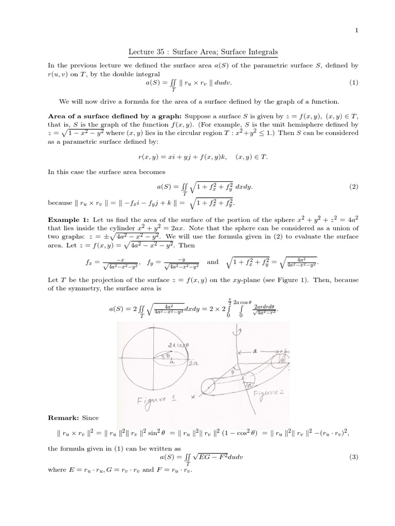Lecture 35: Surface Area Surface Integrals | PDF | Trigonometric Functions | Manifold