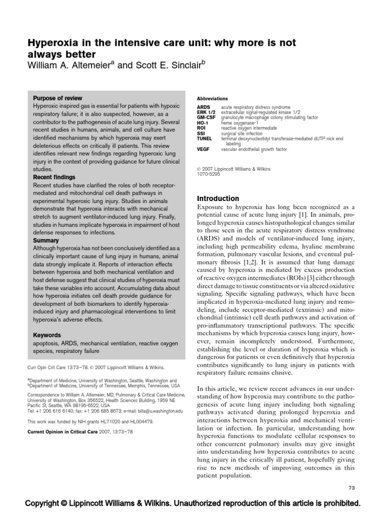 Hyperoxia in The Intensive Care Unit: Why More Is Not Always Better ...