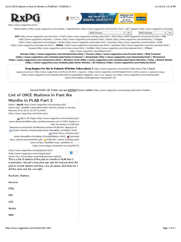 List of OSCE Stations in Past Six Months in PLAB Part 2 PLAB Part 2 ...