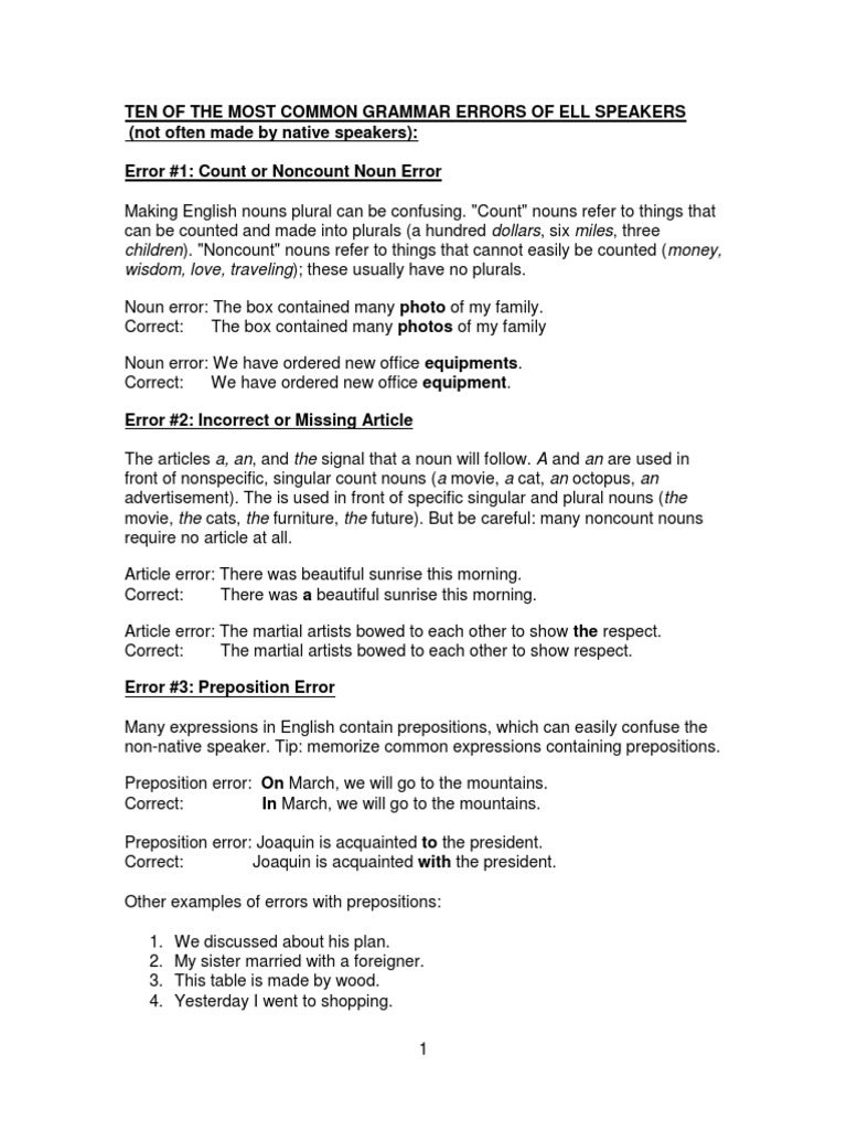 Ten Common Ell Errors And Examples Pdf Verb Adjective