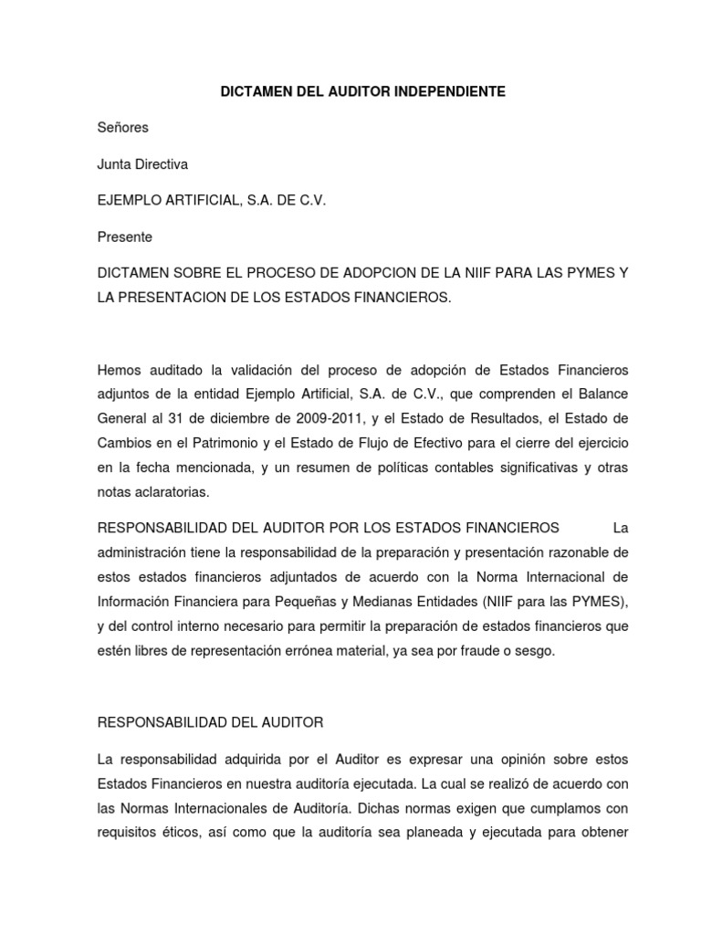 Dictamen Del Auditor Independiente Pa | PDF | Auditoría financiera | Contralor