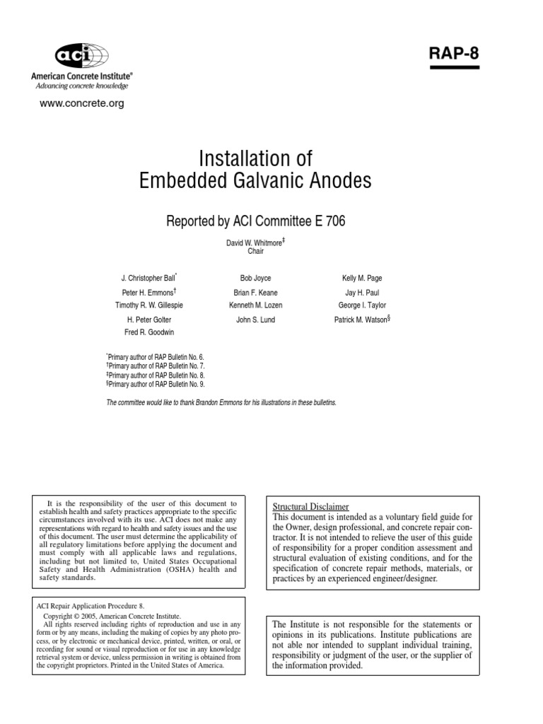 Installation of Embedded Galvanic Anodes: Reported by ACI Committee E ...