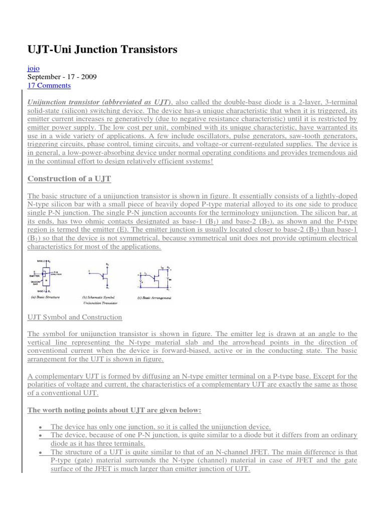 UJT-Uni Junction Transistors: Construction of A UJT | PDF | Electronic ...