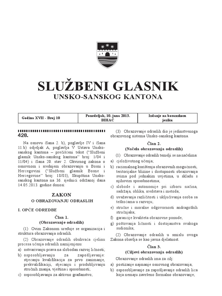 Zakon o Obrazovanju Odraslih USK 2014-10 | PDF