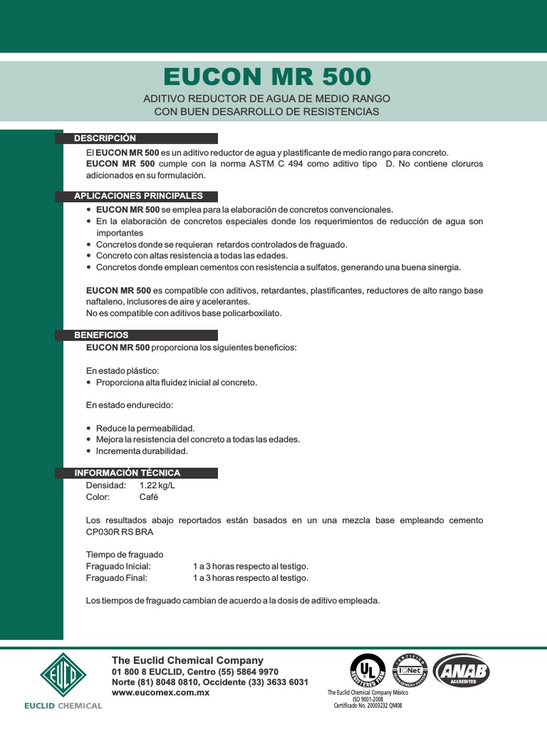 Ficha Técnica EUCON MR 500 | PDF | Hormigón | Cemento