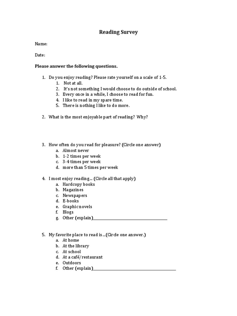 Sample Reading Survey | PDF