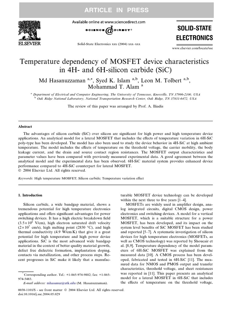 Temperature Dependency of Mosfet Device Characteristics in 4H-And 6H-Silicon Carbide (Sic) | PDF ...