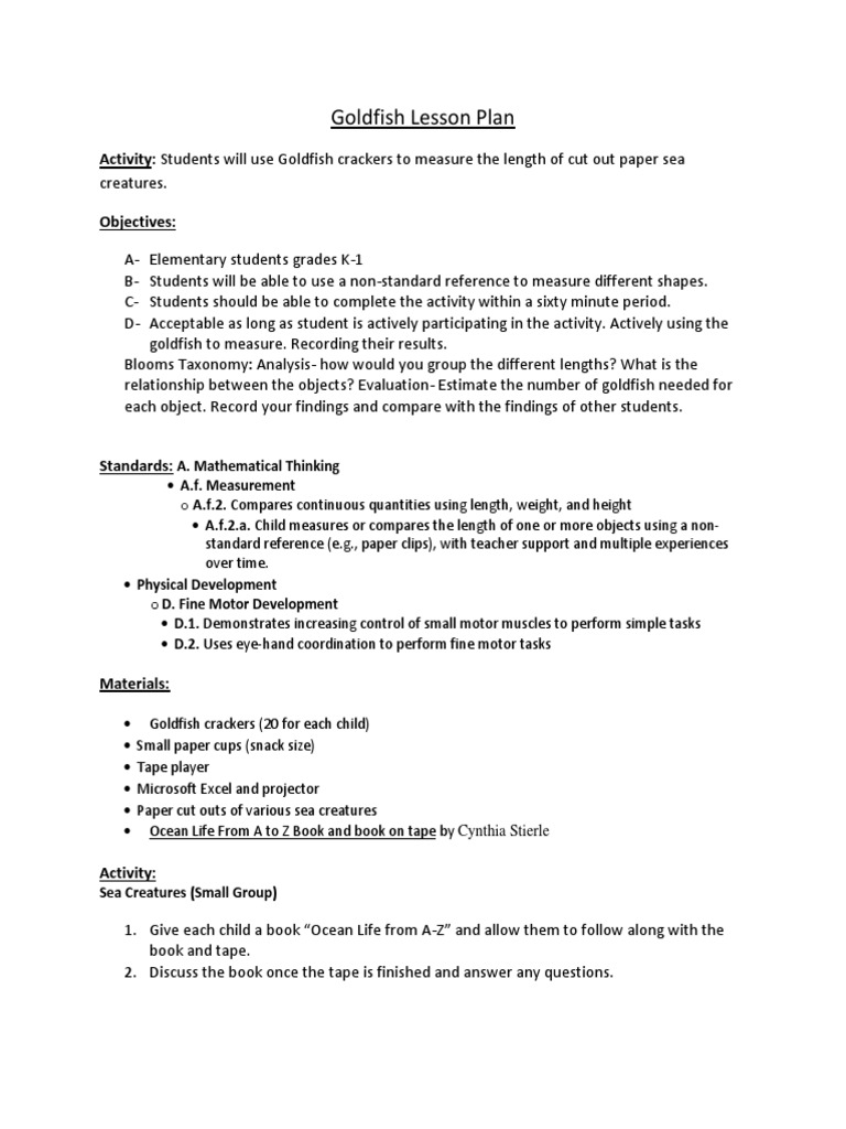 Goldfish Lesson Plan | PDF | Lesson Plan | Cognition
