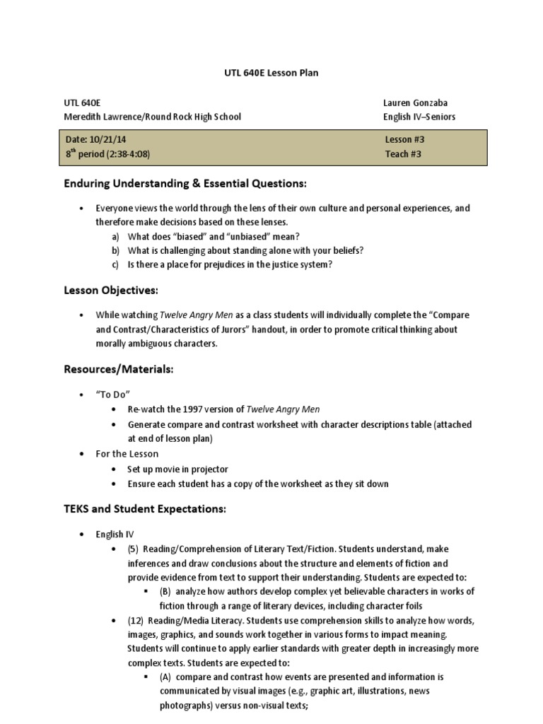 Enduring Understanding & Essential Questions:: UTL 640E Lesson Plan ...