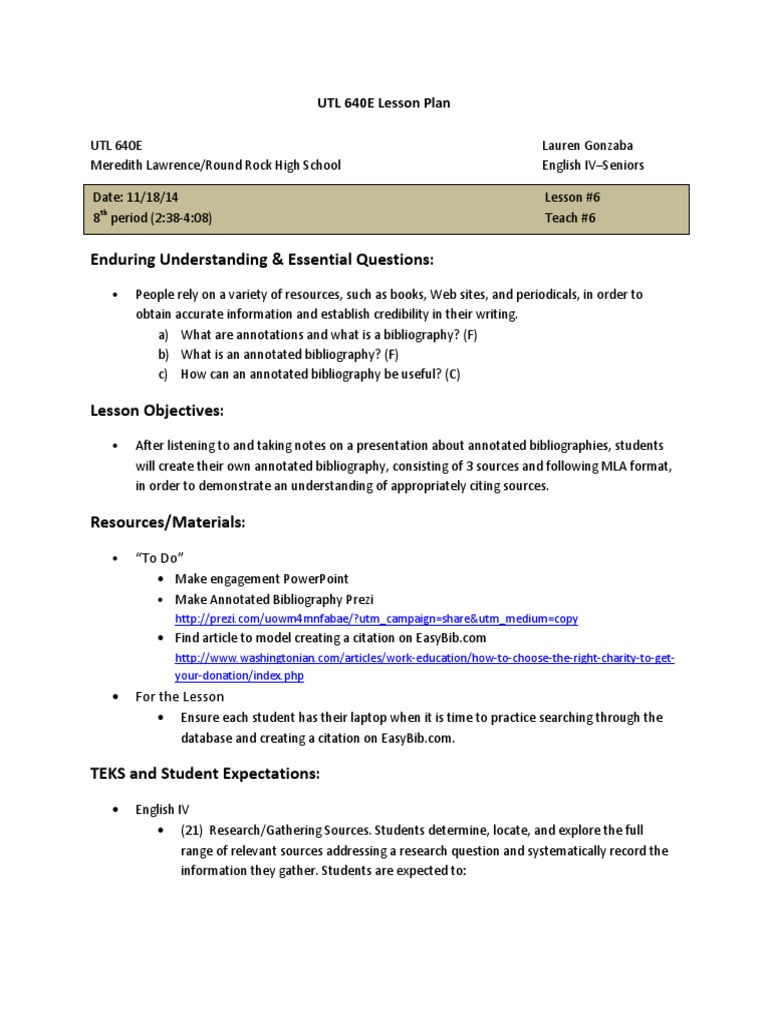Enduring Understanding & Essential Questions:: UTL 640E Lesson Plan ...
