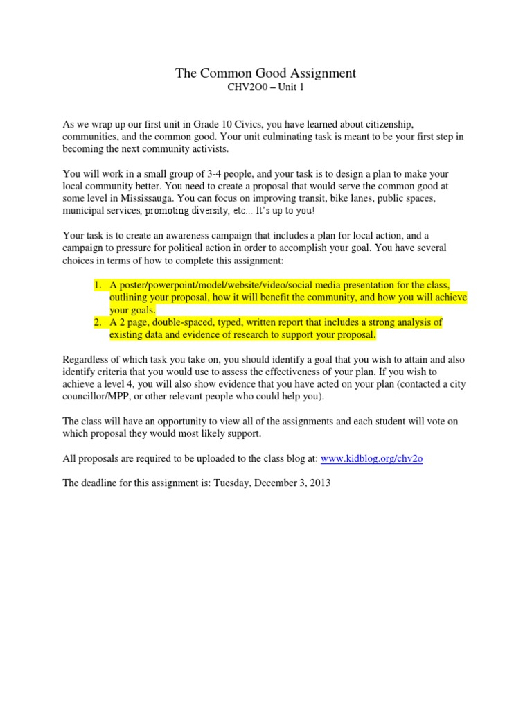 1.the Common Good Assignment | PDF | Common Good | Goal