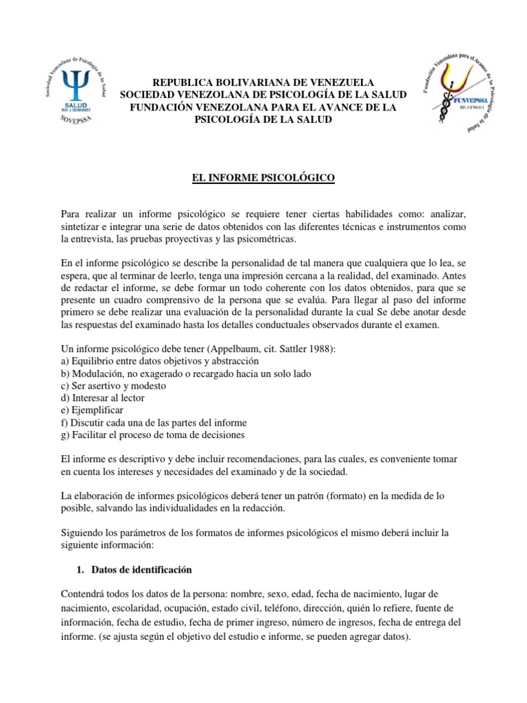 Formato para Hacer Un Informe Psicologico | PDF | Salud psicológica | Sicología