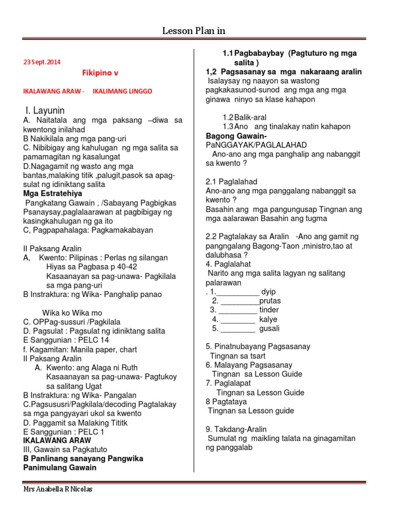 Lesson Plan Fil-5 | PDF
