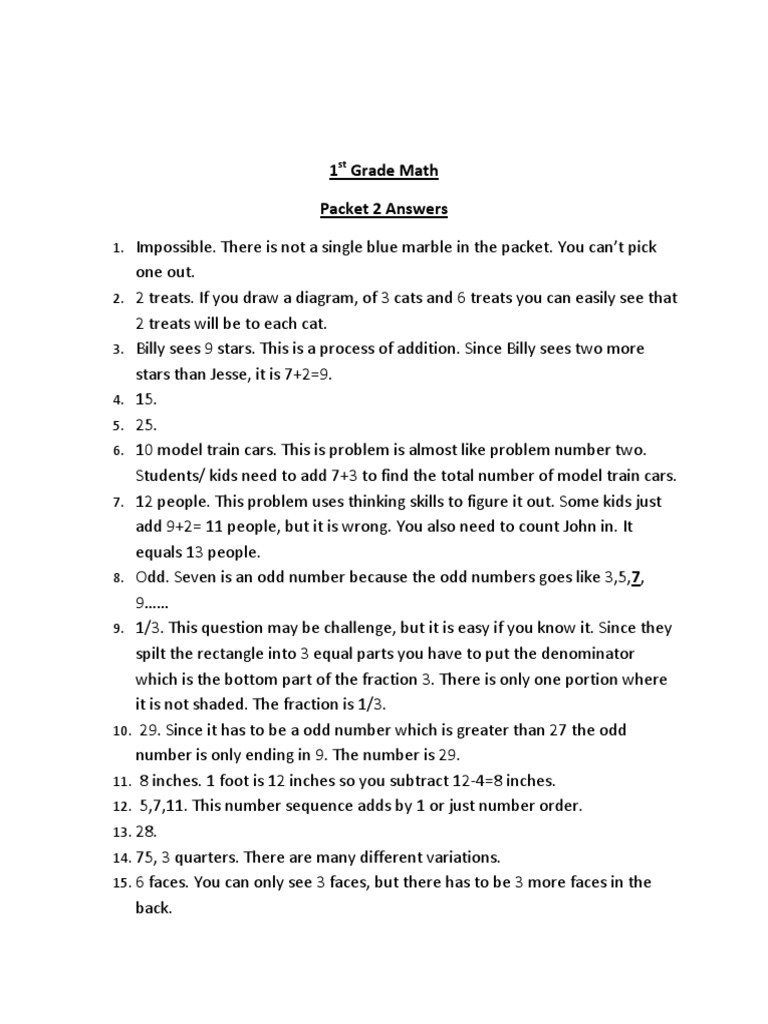 1st Grade Math Packet 2 Answers | PDF | Teaching Methods & Materials ...