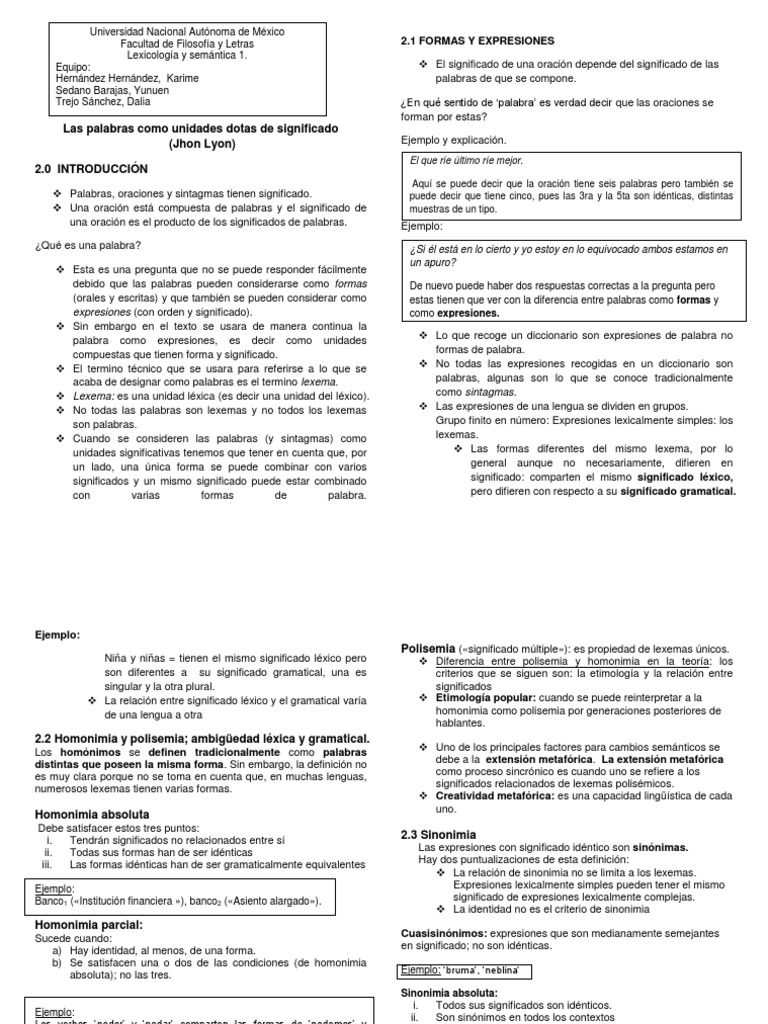 Handout. Las Palabras Como Unidades Dotas de Significado. (Jhon Lyon ...