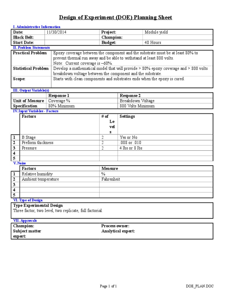 Design of Experiment (DOE) Planning Sheet: I. Administrative ...