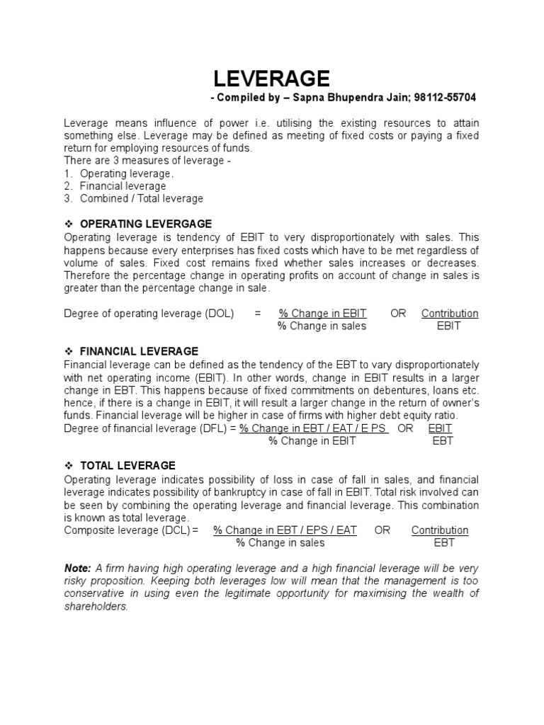 Analysis of Leverage: Operating, Financial, and Total Leverage and their Impact on Earnings ...