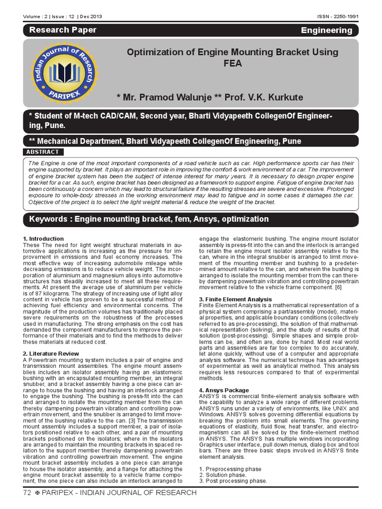 Optimization of Engine Mounting Bracket Using FEA Mr. Pramod Walunje ...