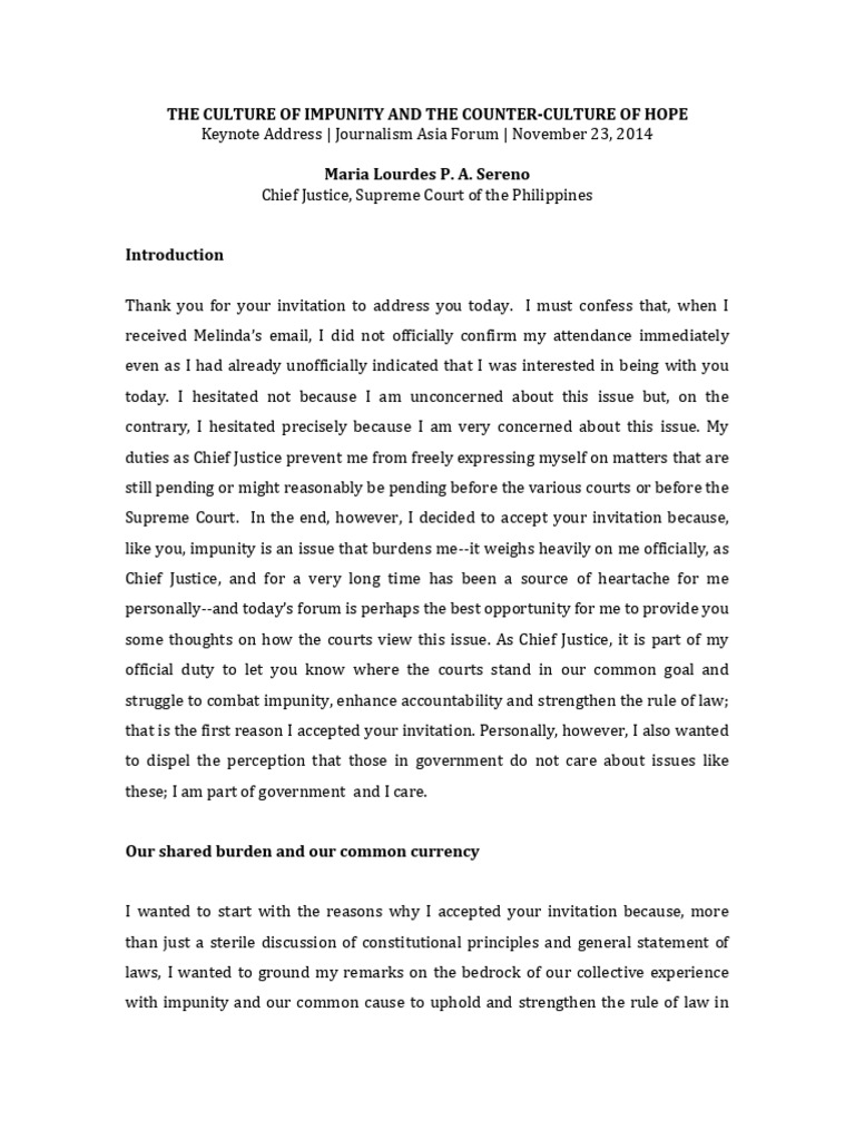 SPEECH: THE CULTURE OF IMPUNITY AND THE COUNTER-CULTURE OF HOPE by ...