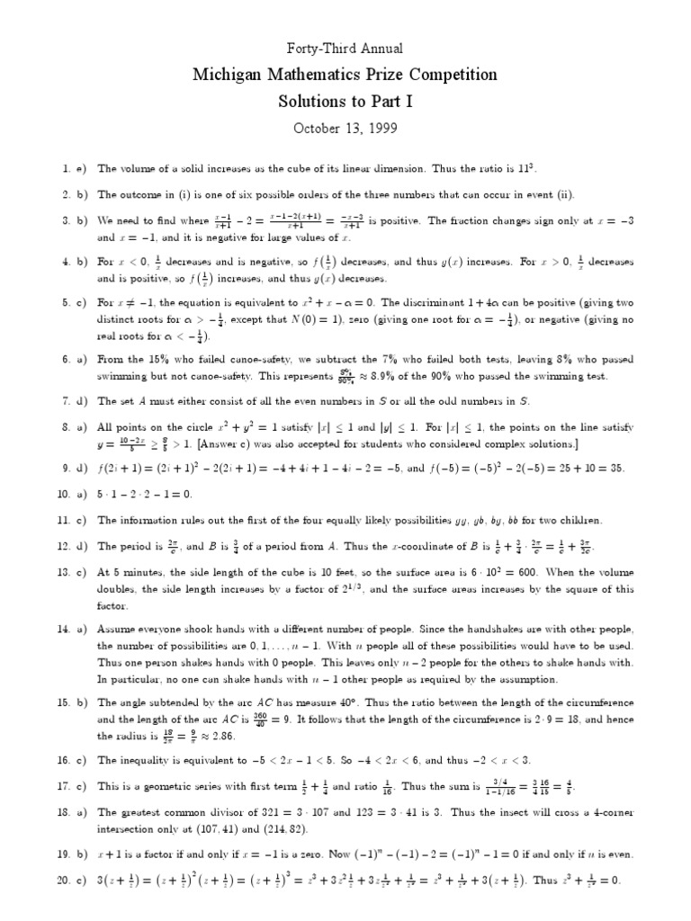 Michigan Mathematics Prize Competition Solutions To Part I: Forty-Third ...