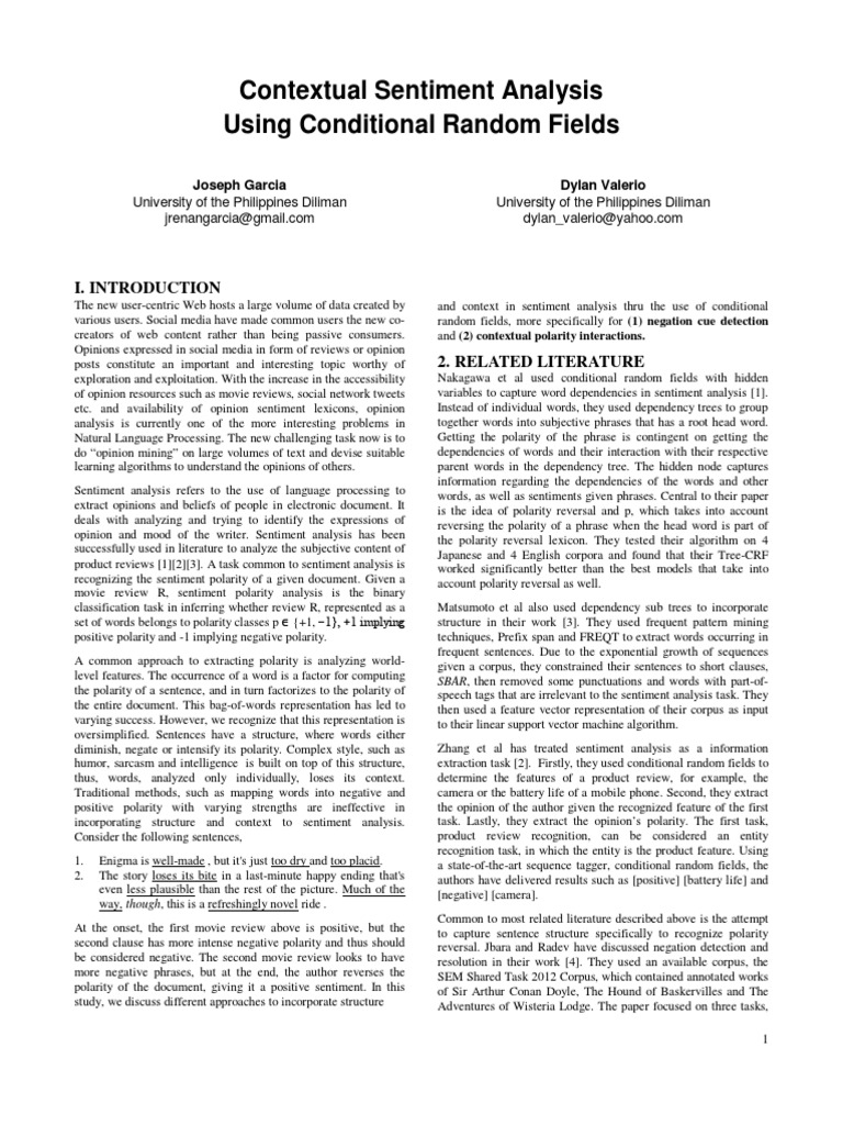 Contextual Sentiment Polarity Analysis Using Conditional Random Fields | PDF | Statistical ...