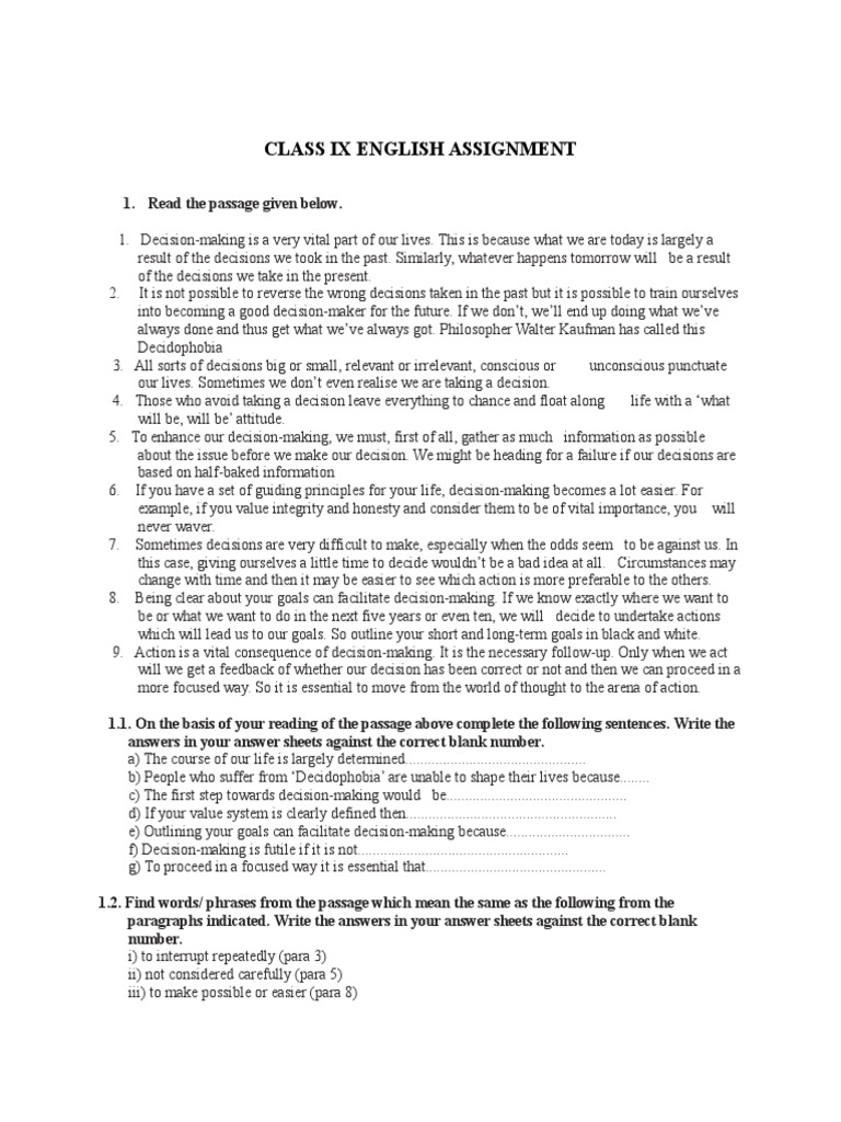 English Assignment Class 9 | PDF | Decision Making | Truth