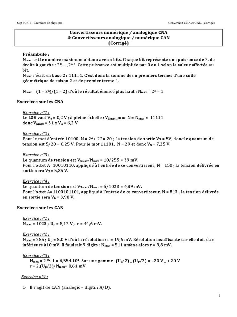 Exercices sur CNA et CAN corrigés | PDF | Quantum | Échantillonnage ...