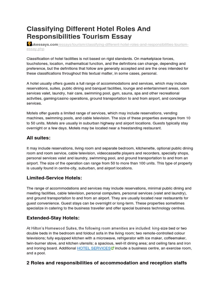 Classifying Different Hotel Roles and Responsibilities Tourism Essay ...