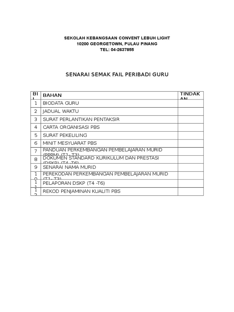 Senarai Semak Fail Peribadi Guru | PDF